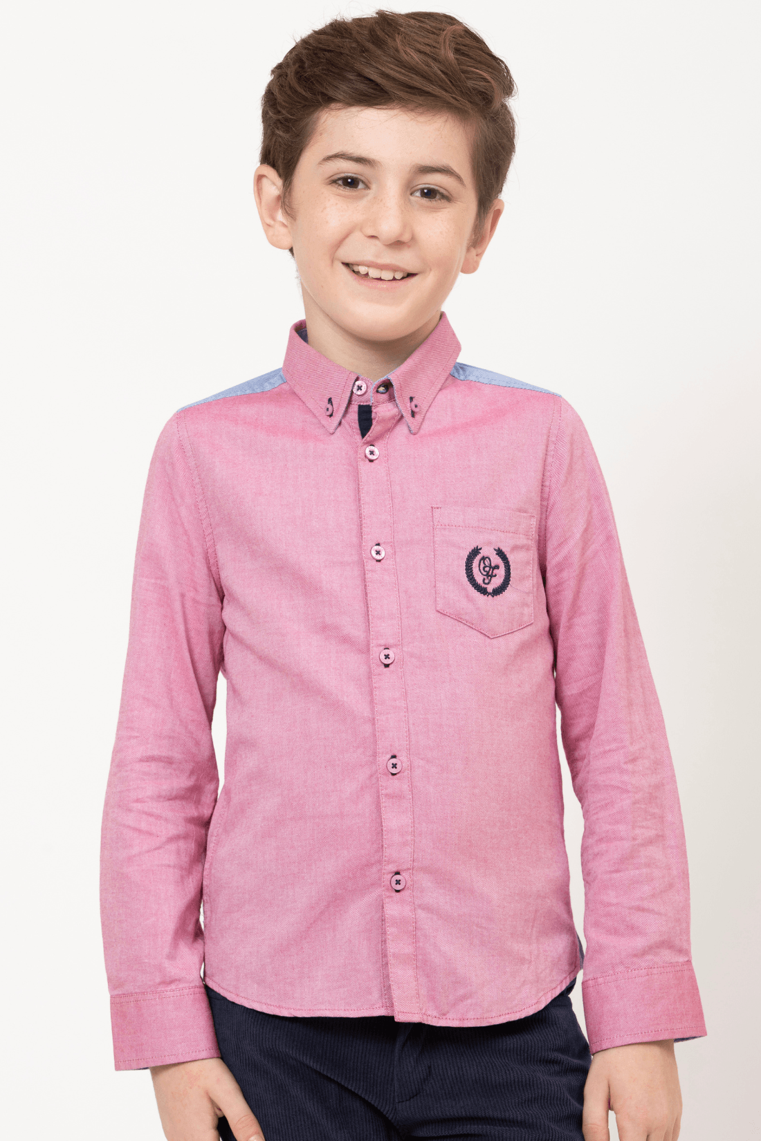 One Friday Varsity Chic Bold Red Shirt with Blue Shoulder Patches for